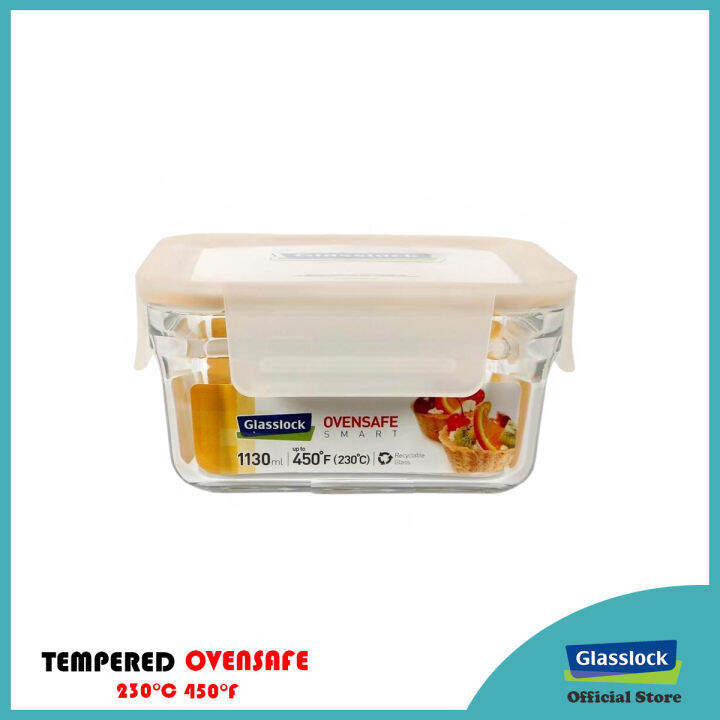 Glasslock Oven Safe Rimless Glass Square Food Container 1130ml (Clear ...