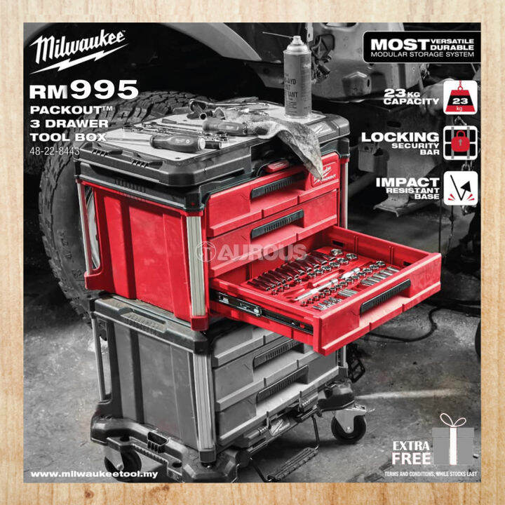 MILWAUKEE PACKOUT 3 DRAWER TOOL BOX IP65 RATE UP TO 50 LBS WEIGHT ...