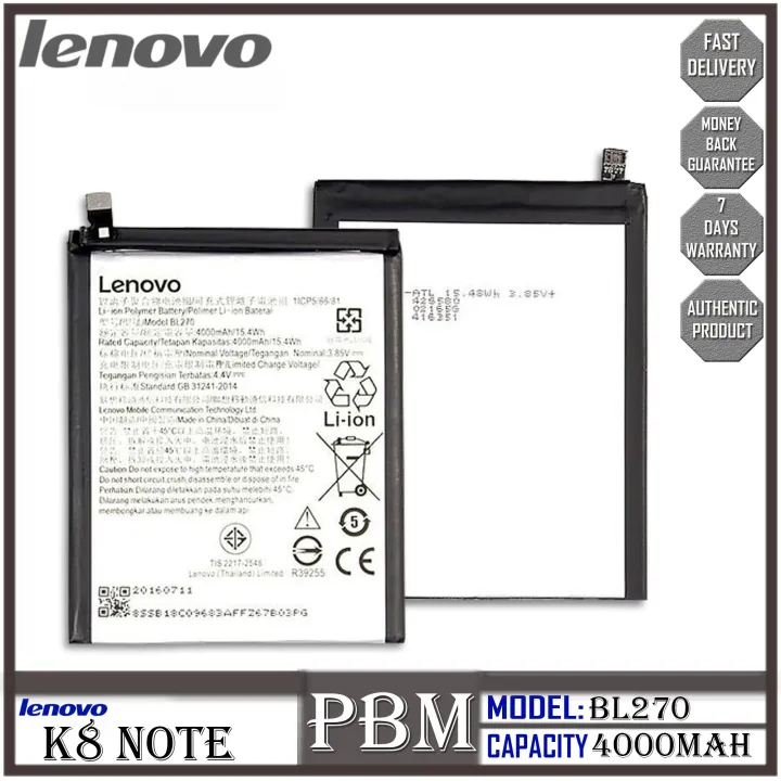 Lenovo K8 Note Battery Model: BL270 (Original Capacity) | Lazada PH