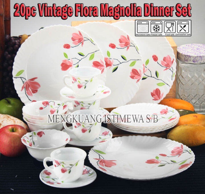 20 pc 4 PAX Tempered Opal glass Vintage Sweet Rose Dinner set LZ20092 ...