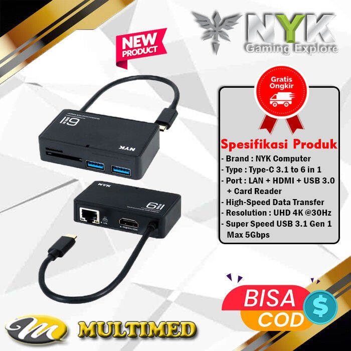Converter NYK Type C HUB 6 in 1 LAN HDMI Card Reader USB PORT | Lazada ...