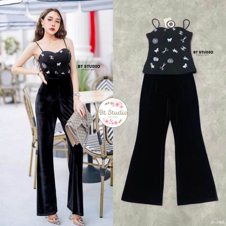 งานป้าย BT-Studio set 2ชิ้นเสื้อครอปสายเดี่ยวด้านหน้าปักลายด้านหลังเรียบ ซิปข้างอกเสริมฟองน้ำมา ...