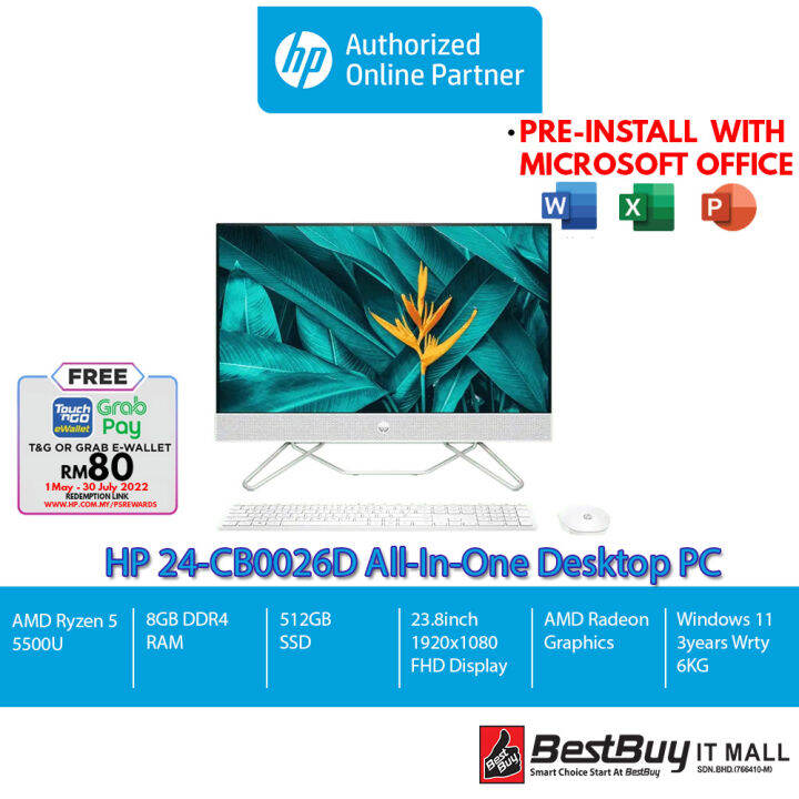 HP 24-CB0026D All-In-One PC - White (R5-5500U, 8GB, 512GB SSD, 23.8 ...