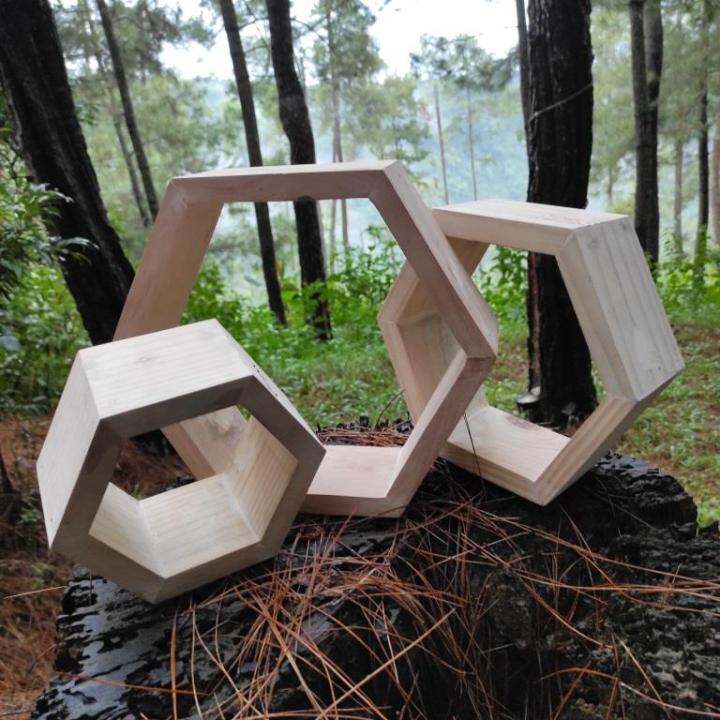 hexagon kayu rak ambalan jati belanda ( NATURAL ) satu set lengkap ...