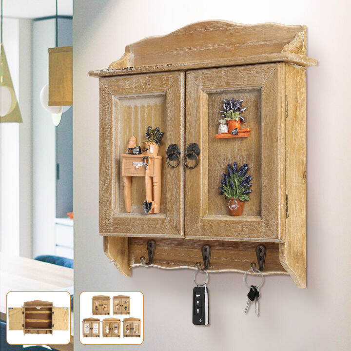 Retro Wooden Key Box Organiser Rack Double Doors 9 Hooks Key Cabinet ...