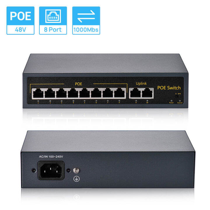 10 Ports POE Switch, 8 POE Ports 2 Uplink Etherne Ports 10100Mbps IEEE802.3af 120W Max 250M ...