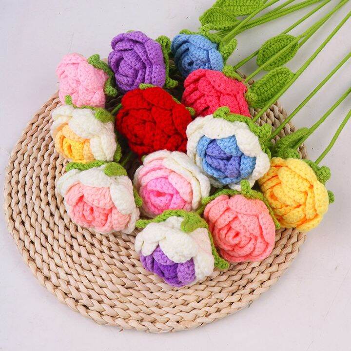DIY Knitting Bouquet Rose Flower Bouquet Tulip Hand Knitted Fake ...