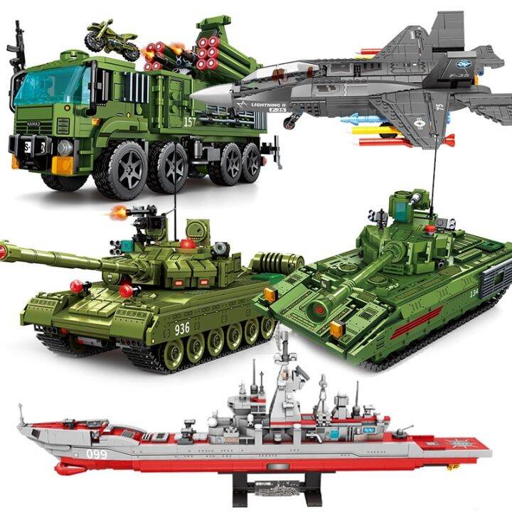 Military Panzer Tank N T14 T80 Aircraft F22 F35 Cruiser Model Building Block WW2 Scud Army ...