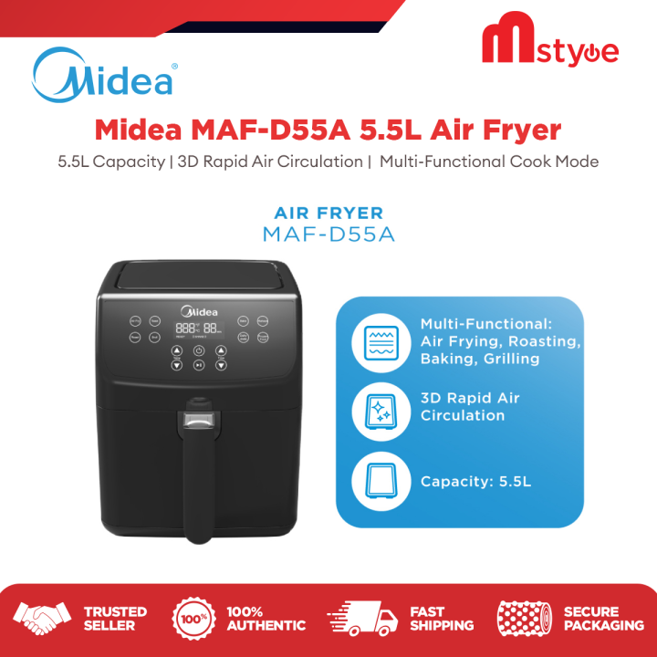 Midea Air Fryer (1700W/5.5L) 3D Rapid Air Non-Stick Basket Timer Touch ...