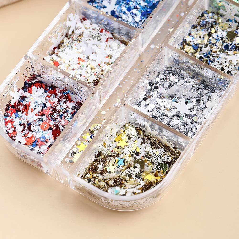 Y2K2 3D เล็บชุดทำเล็บมือชุดตกแต่งเล็บลายตารางเงาทรงเรขาคณิต12ช่องแวววาวเกล็ดเล็บเกล็ดหิมะเลื่อม ...