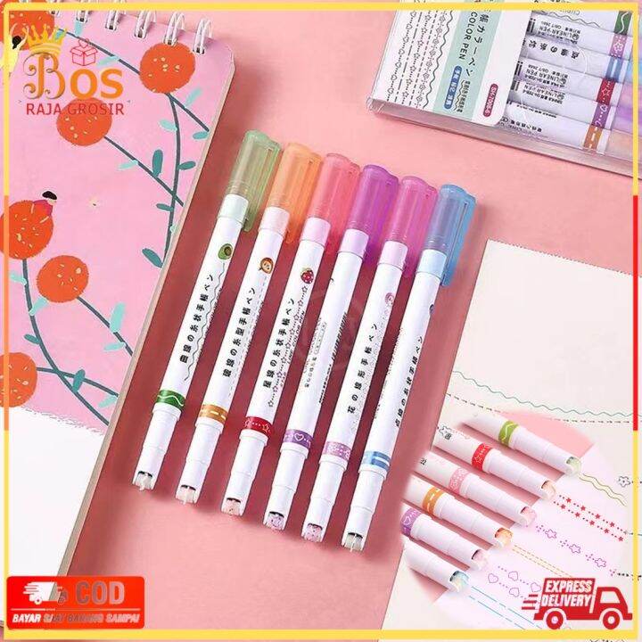 Spidol Garis Aesthetic Warna Warni Spidol Garis Motif Lucu 1 Set 6 Pcs ...