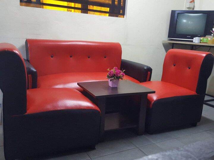 SALA SET LEATHER RED/BLACK WITH CENTER TABLE | Lazada PH