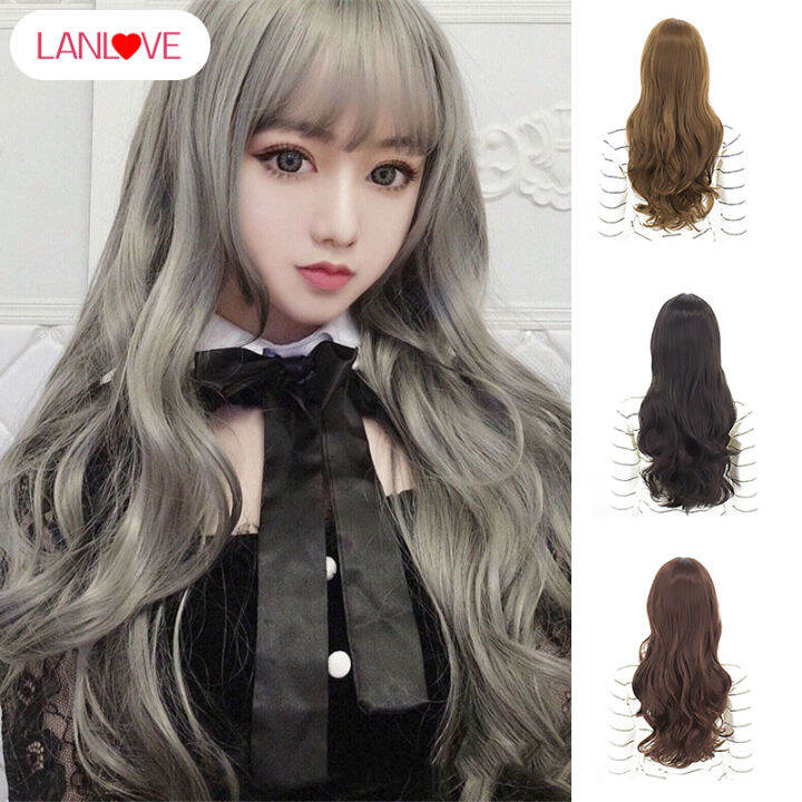 LANLOVE วิกผมยาวหยักศกสำหรับผู้หญิงวิกผมเรียบวิกผมแฟชั่นธรรมชาติอุณหภูมิสูงวิกผมสำหรับสวมใส่ ...
