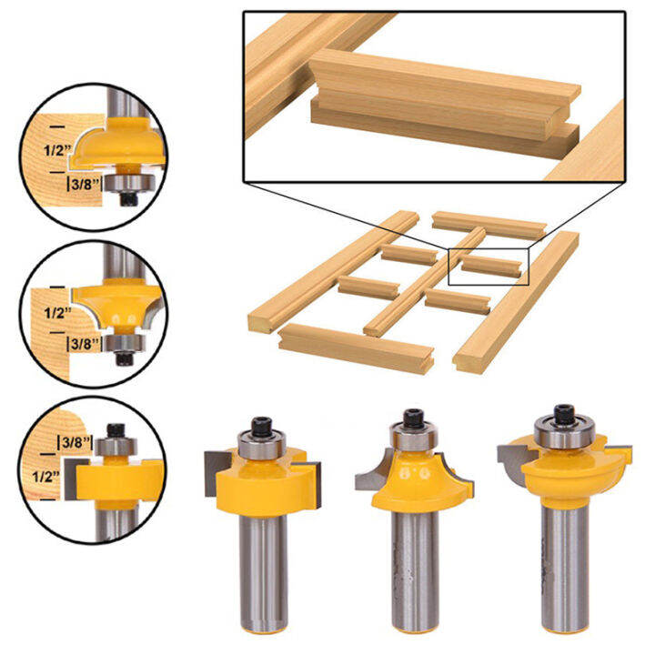 3pcs 1/2" Shank Glass Door Router Bits Set Round Over Bead Woodworking ...