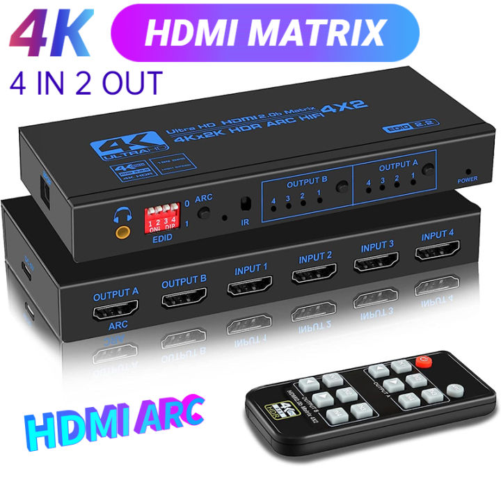 4K 60Hz HDMI Matrix 4x2 with Optical & 3.5mm Stereo Audio Out HDMI ...