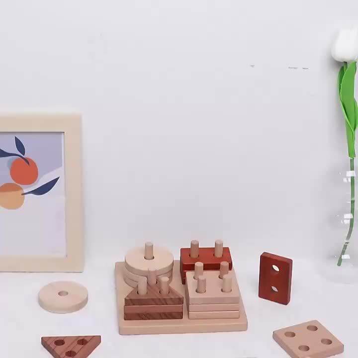 Montessori ของเล่นอาคารไม้บล็อกสีรูปร่างจับคู่เรียงลำดับซ้อนเกมประสาท