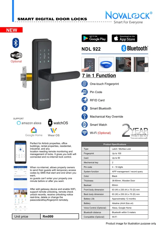 Novalock NDL 922 (Black) Smart App fingerprint digital door lock (Latch ...