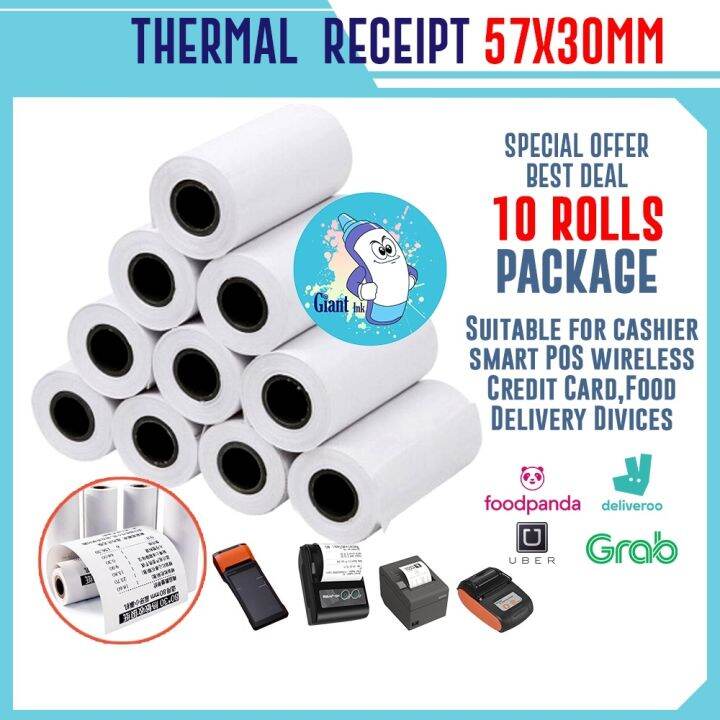10 roll 57x30mm Receipt Paper Roll for Mobile POS 58mm Thermal Printer ...