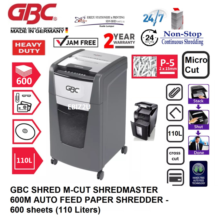 GBC SHRED M-CUT SHREDMASTER 600M AUTO FEED PAPER SHREDDER - 600 sheets ...