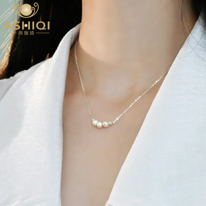 Ashiqi Natural Freshwater Pearl 925 Sterling Silver Necklace Simple