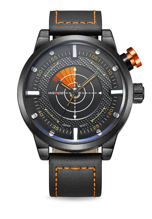 WEIDE Watch for Men's WH5201-5C-ORANGE INDEX Black Leather Band 30m ...