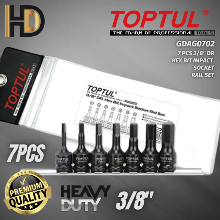 TOPTUL 7 Pcs 3/8" DR Hex Bit Impact Socket Rail Set / Heavy Duty Hex ...