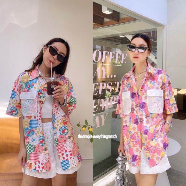 Thesimple - Pimmy set เซทพิมมี่ ตัวเสื้อเป็นเชิ๊ตทรง oversize มาพร้อมกับกางเกงขาสั้น ผ้าลูกไม้ ...