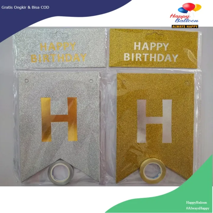 Banner Happy Birthday Glitter Gold Silver Tulisan HBD set Kertas Murah ...
