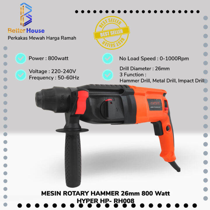 Mesin Rotary Hammer Bobok Tembok 26mm 800Watt 3 Mode HYPER HP-RH008 ...
