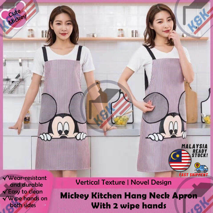 【Malaysia Ready Stock】Mickey Kitchen Apron Hang Neck Apron With 2 wipe ...