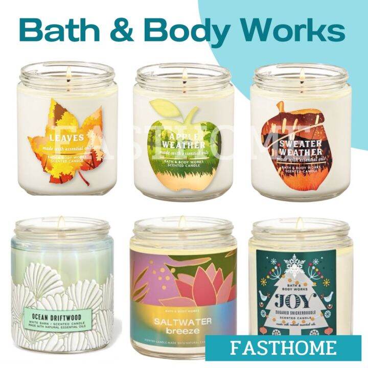 เทียนหอม(ขนาดกลาง) Bath & Body Works Single Wick Candles ขนาด 7 oz / 198 g Leaves /Apple Weather ...