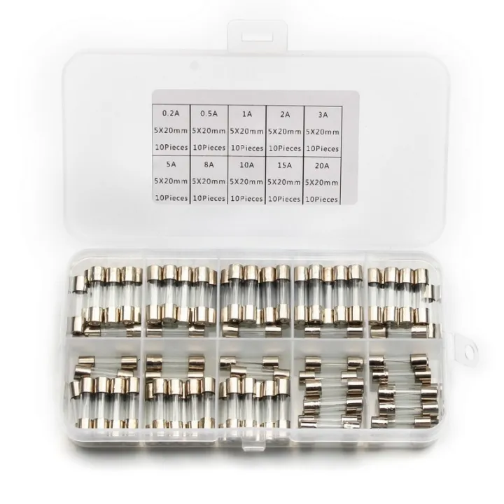 100Pcs Fast Quick Blow Glass Tube Fuse Assorted Kit Fast Blow Glass Fuses 0.2A 0.5A 1A 2A 3A 5A ...