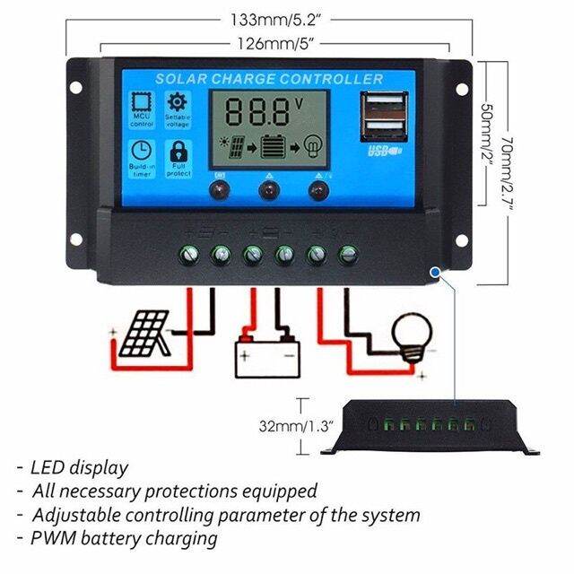 12V/24V 30A PWM Solar Panel Charger Controller Battery Regulator Dual USB Charger LCD Display ...