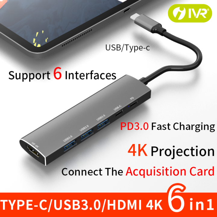 IVR 6-in-1 Converter Type-c To Hdmi 4k or Usb 3.0 or Pd Fast Charging ...