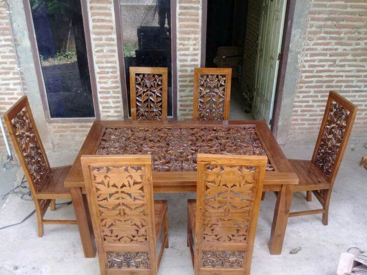 meja makan full ukiran minimalis mawar 6 kursi / meja makan ukiran ...