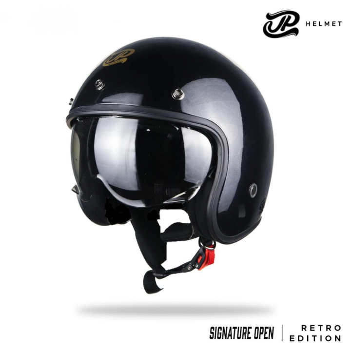 Helm Retro JP Signature Open Solid HITAM GLOSSY Helm Half Face SNI ...