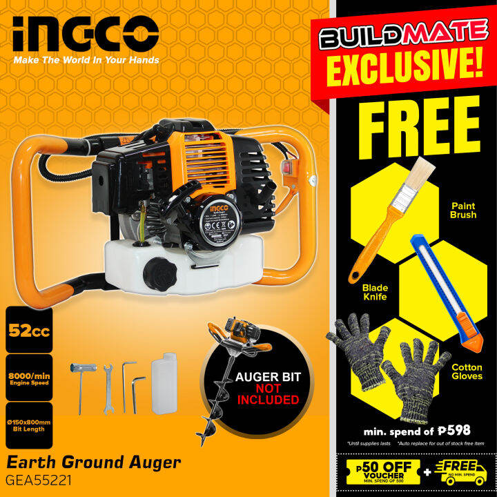 BUILDMATE Ingco Earth Ground Auger 52CC 2-Stroke Wick 1200ml Tank ...