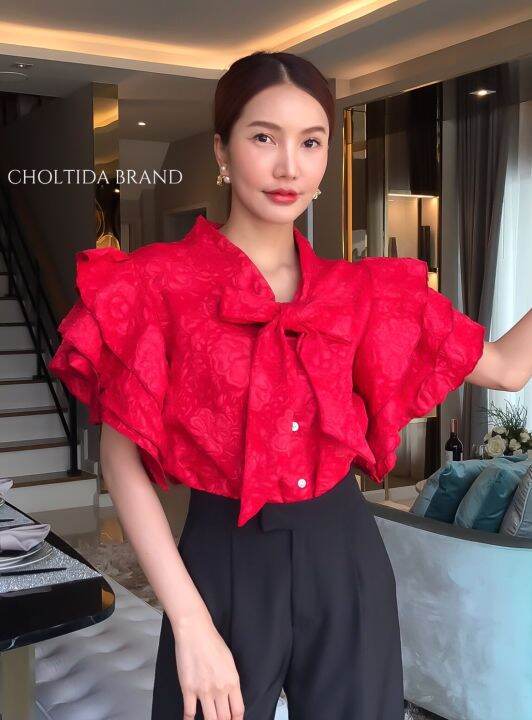 เสื้อBOW BOW TOP 😃 ️เสื้อโบว์ระบายแขนสามชั้น งานผ้าJACGARD ผ้าสวยนำเข้ามีลายนูนในตัวสวย ดีไซน์ ...