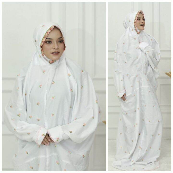 MUKENA TERUSAN PUTIH MODEL DAHI NON KERUT DG BORDIR SERIBU BUNGA ...