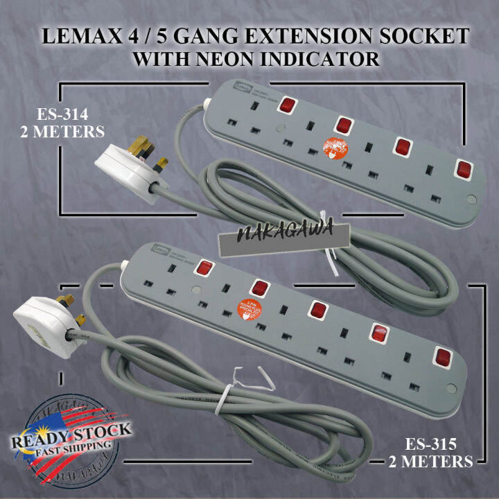 LEMAX 2 METERS CABLE TRAILING SOCKET / EXTENSION WITH NEON INDICATOR ES ...