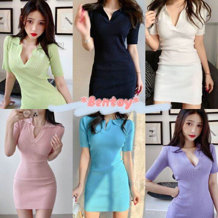 Bentoy#พร้อมส่ง#เดรสคอปกหน้าวีไหมพรม ทรงรัดรูปยืดได้เยอะ เหมือนเสื้อ ...