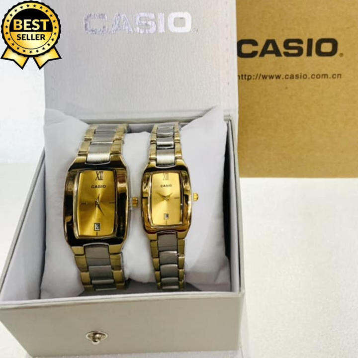 Casio 1165 Entice Date Classic Rectangle Gold Dial Stainless Steel ...