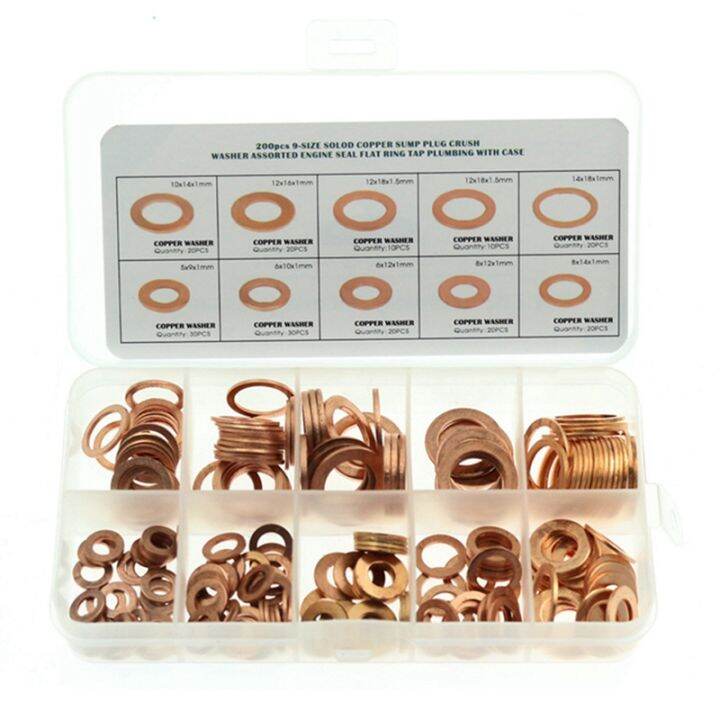 Copper Washer Assortment Set, 200 Pieces 9 Sizes Copper Metric Sealing ...