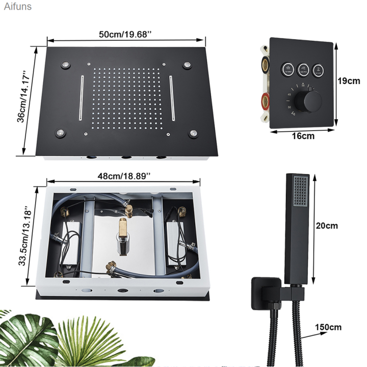 Black Embedded Ceiling Shower Head Intelligent Remote Control LED ...