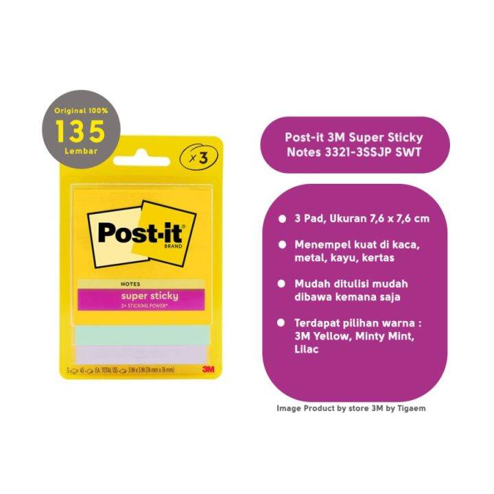 Post-it 3M Super Sticky Notes 3x3" 45Lembar (Isi 3 Pad) 3321-3SSJP SWT ...