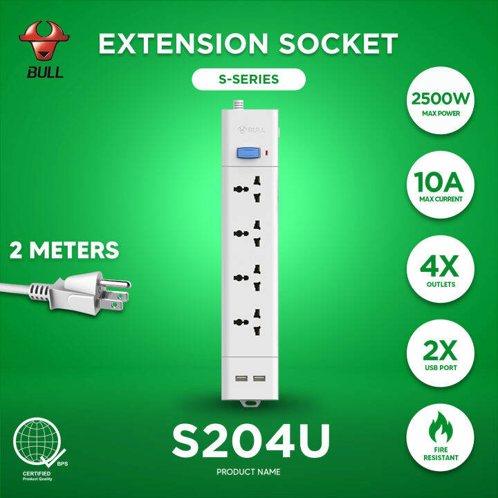 Bull Extension Socket S Series S204U 200cm Cable 4 Outlets 2 USB 2500w ...
