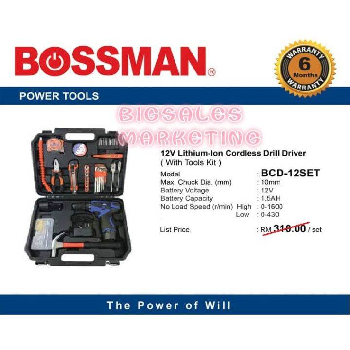 BOSSMAN 12V Lithium -Lon Cordless Battery Drill Driver With Tools Kit ...