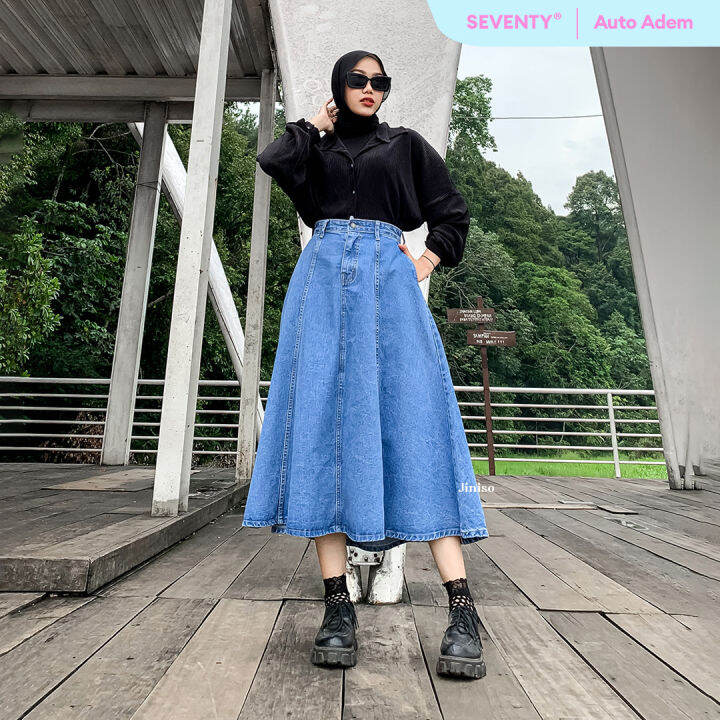 JINISO - Highwaist Rok A-Line Jeans Panjang 902 SEVENTY | Lazada Indonesia