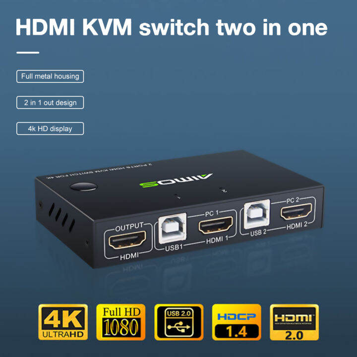 3Tech mall KVM Switch 2 In 1 Out 4K USB HDMI KVM Switcher Splitter Box for 2PC Share One ...