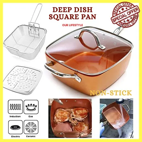 Square Copper Pan 4 Pieces Cookware Set Non-stick Frying Pan Deep ...